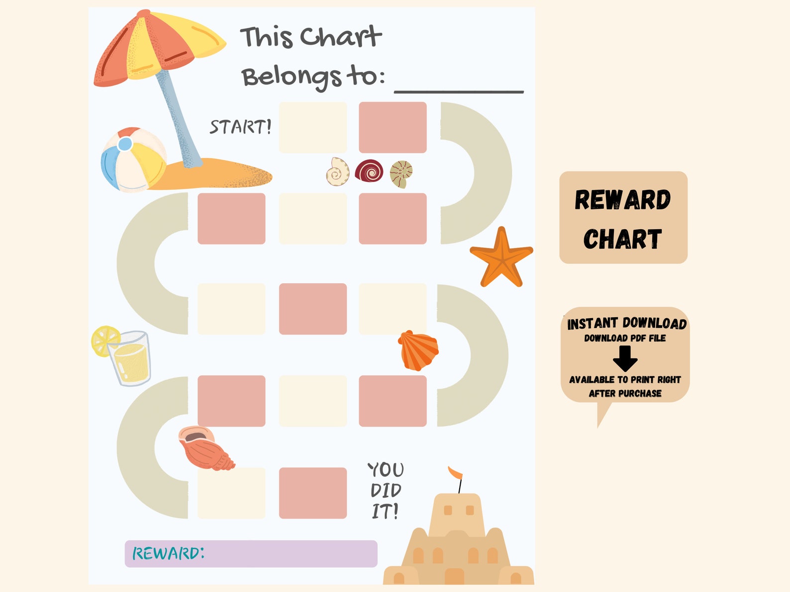 Printable Beach Reward Chart | INSTANT DOWNLOAD Children's Reward Chart ...