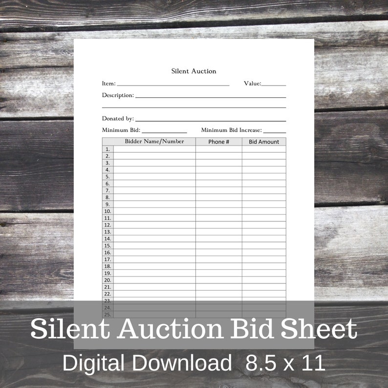 Silent Auction Bid Sheet Instant Download Editable PDF - Etsy