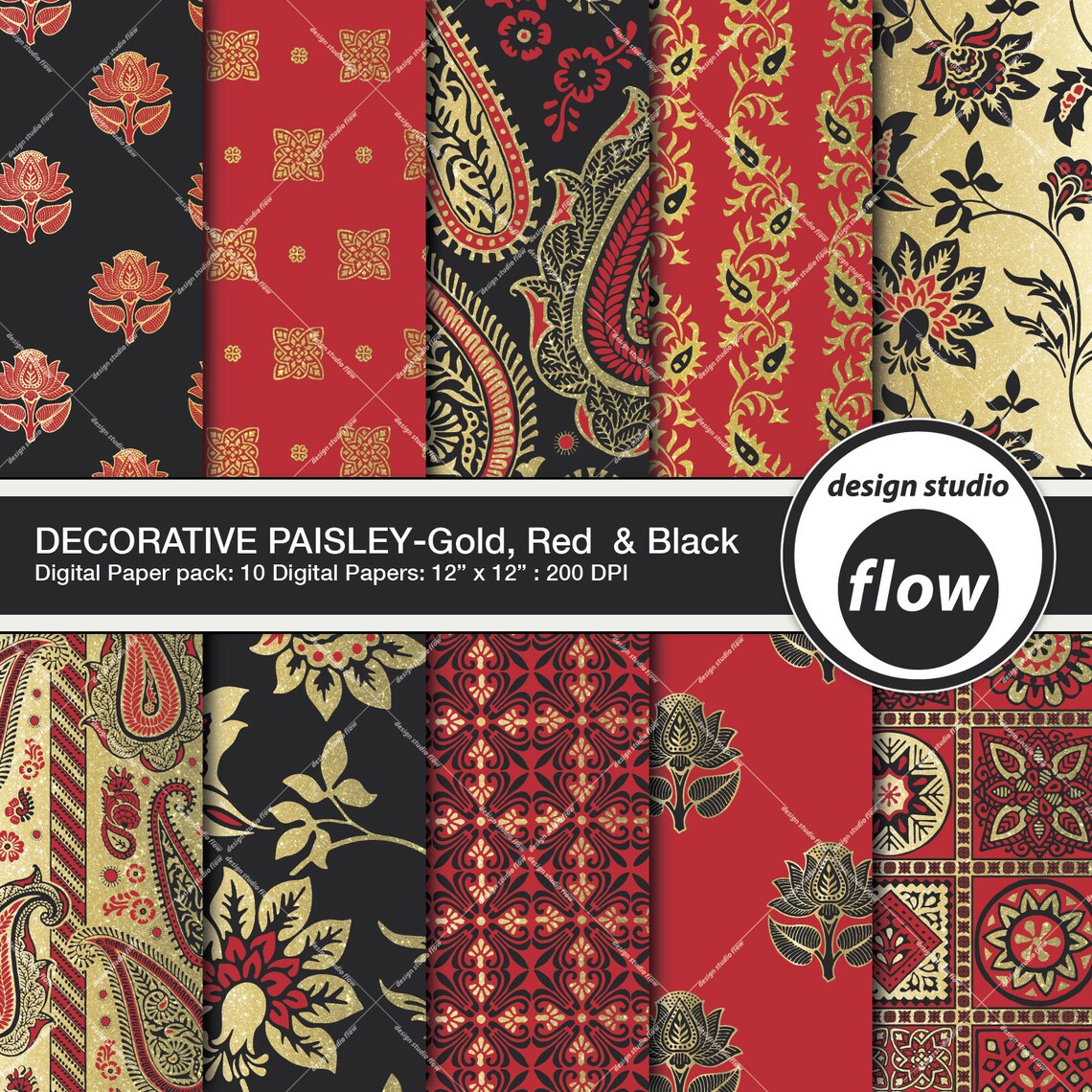 Digital Paper Pack-decorative Paisley-gold, Red & Black (DSF-PDPP-1) - Etsy