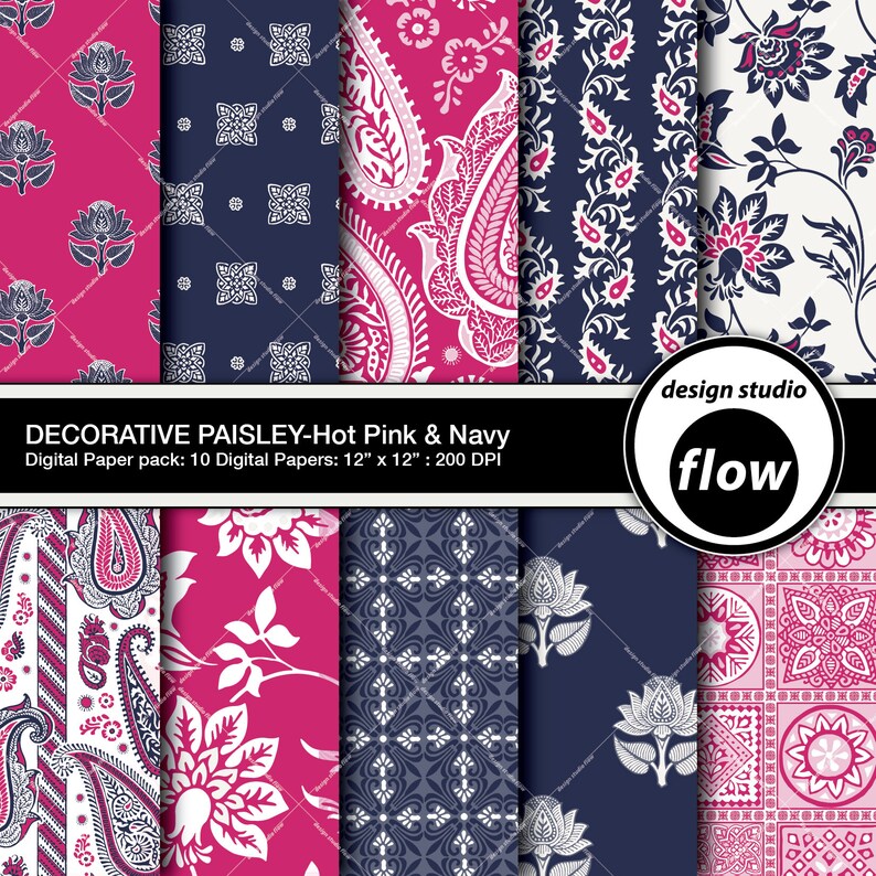 Digital Paper Pack-decorative Paisley-hot Pink & Navy (DSF-PDPP-3) - Etsy