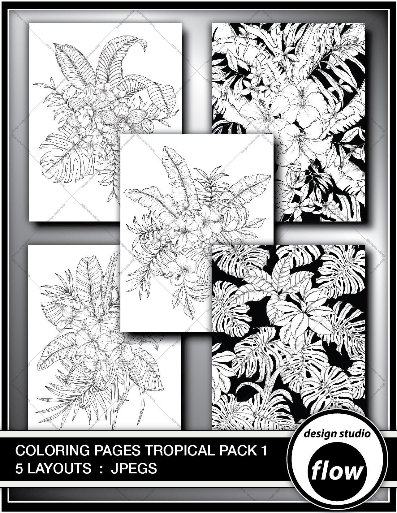 Printable Colouring Pages- Tropical Layouts-pack 1 (DSF-CPT-1) - Etsy