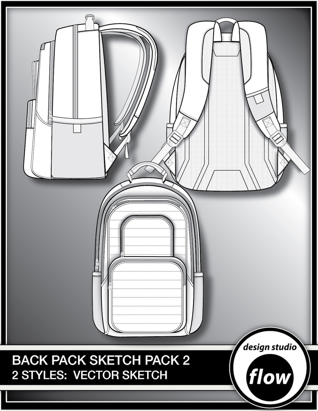 Back Pack Flat Technical Sketch Vector File Pack 2 (DSF-BP-2) - Etsy