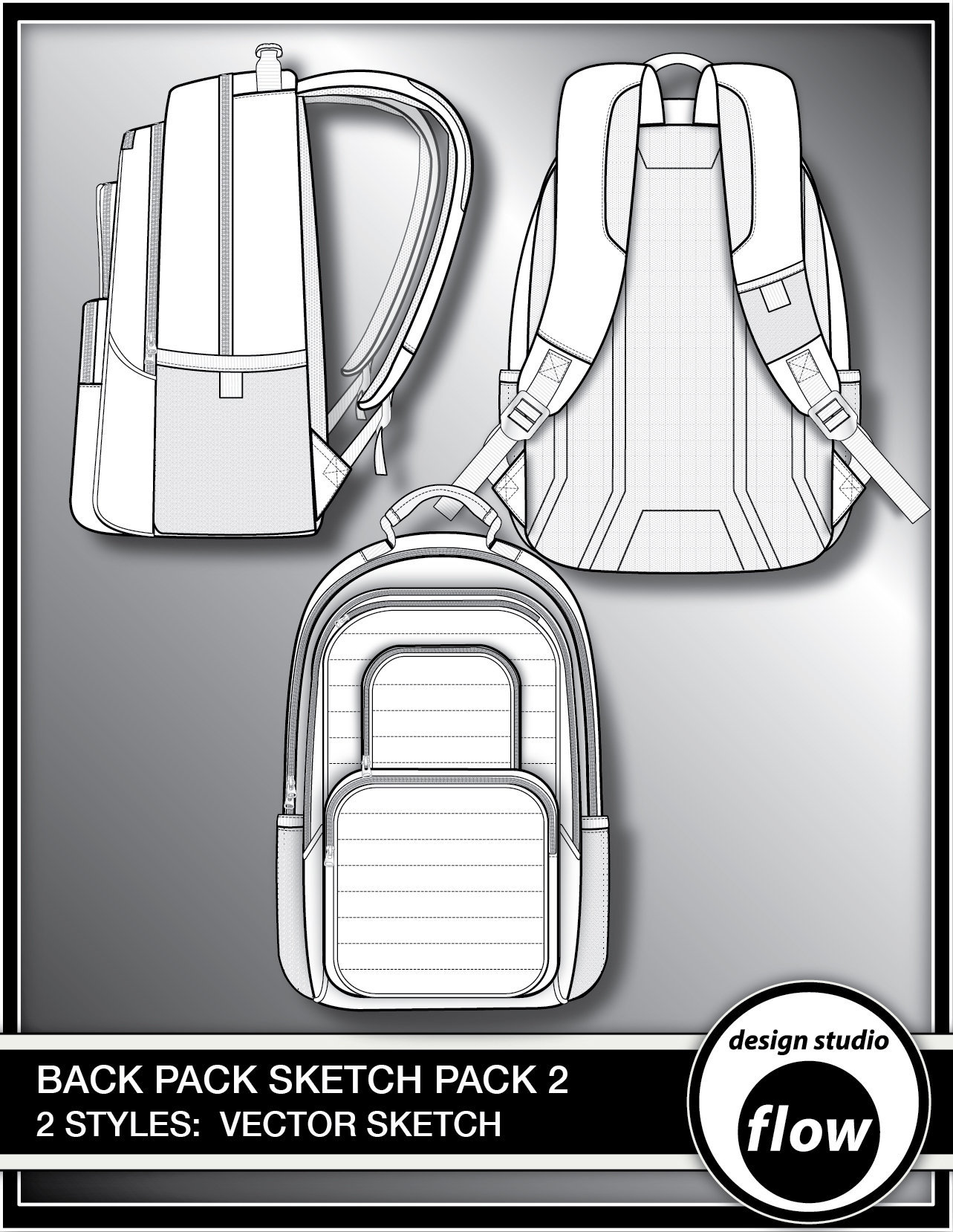 Back Pack Flat Technical Sketch Vector File Pack 2 (DSF-BP-2) - Etsy