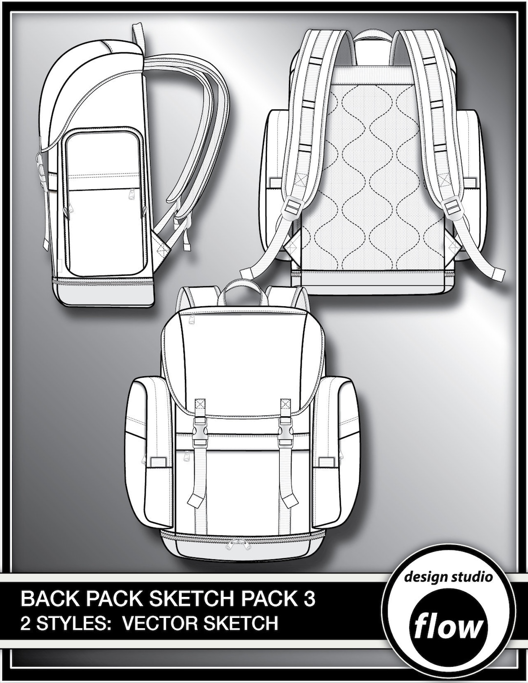 Back Pack Flat Technical Sketch Vector File Pack 3 (DSF-BP-3) - Etsy