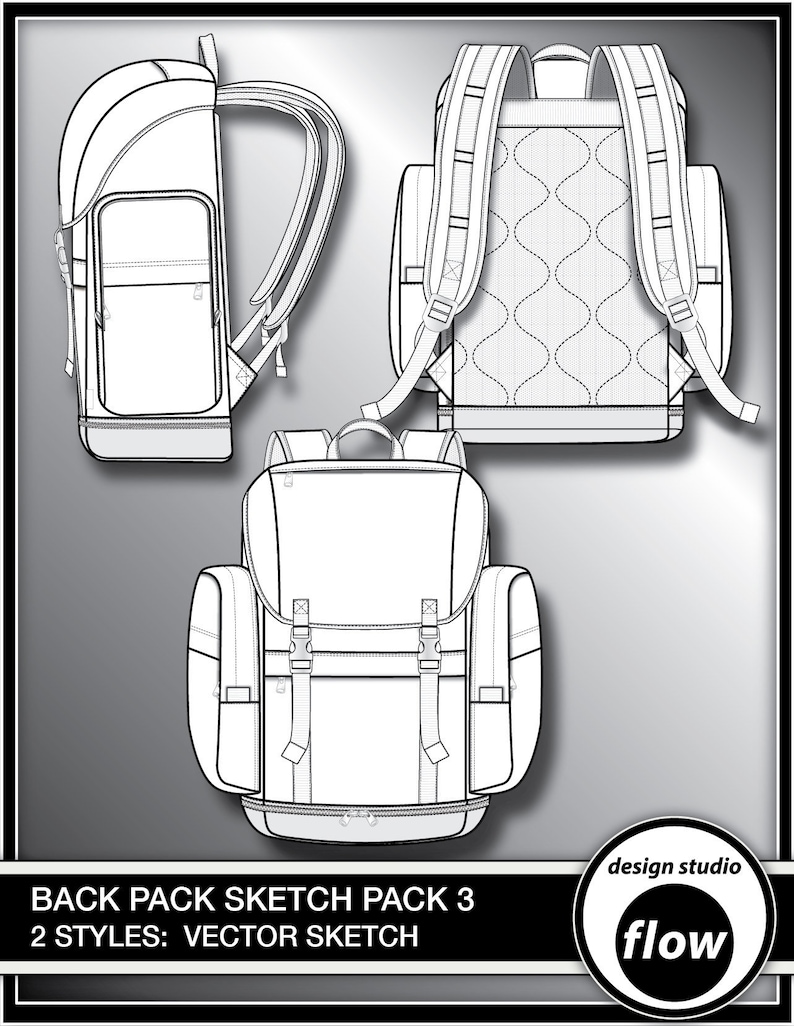 Back Pack Flat Technical Sketch Vector File Pack 3 (DSF-BP-3) - Etsy