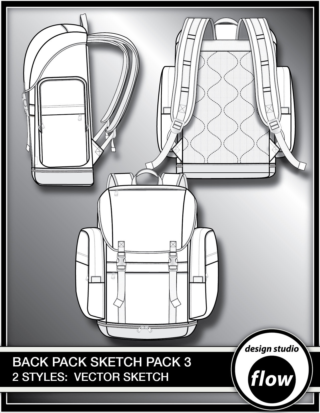 Back Pack Flat Technical Sketch Vector File Pack 3 (DSF-BP-3) - Etsy