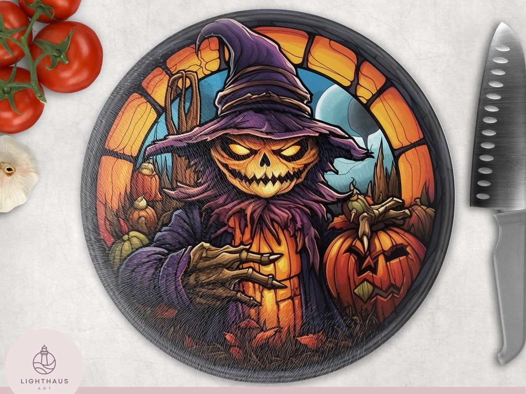 Halloween Scarecrow Stained Glass Style Cutting Board Design 12 Inch ...