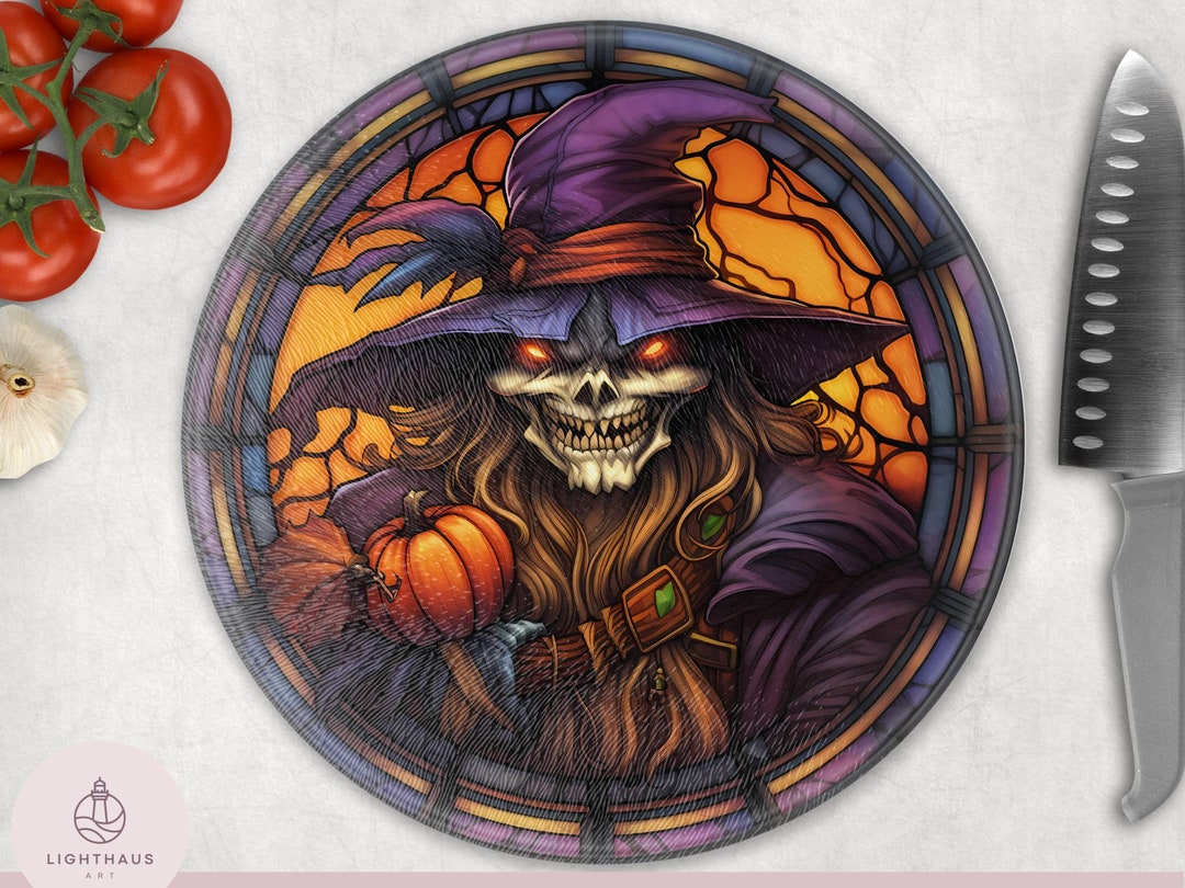 Halloween Scarecrow Stained Glass Style Cutting Board Design 12 Inch ...