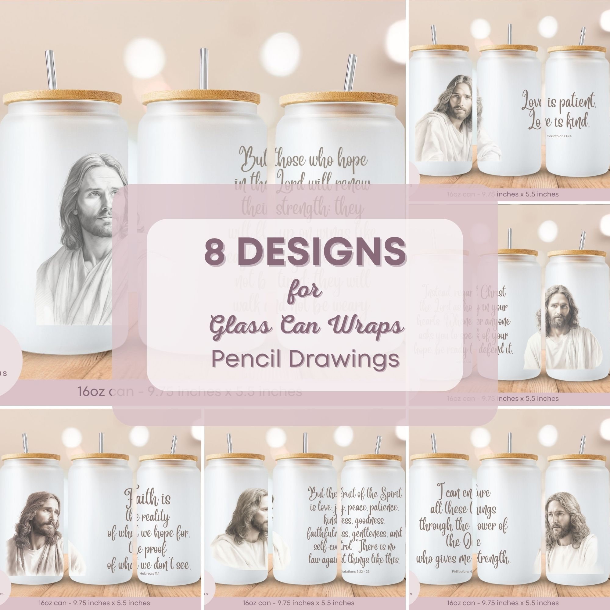8x Jesus Bible Verse Pencil Drawing Style Frosted Glass Libbey Can Wrap ...