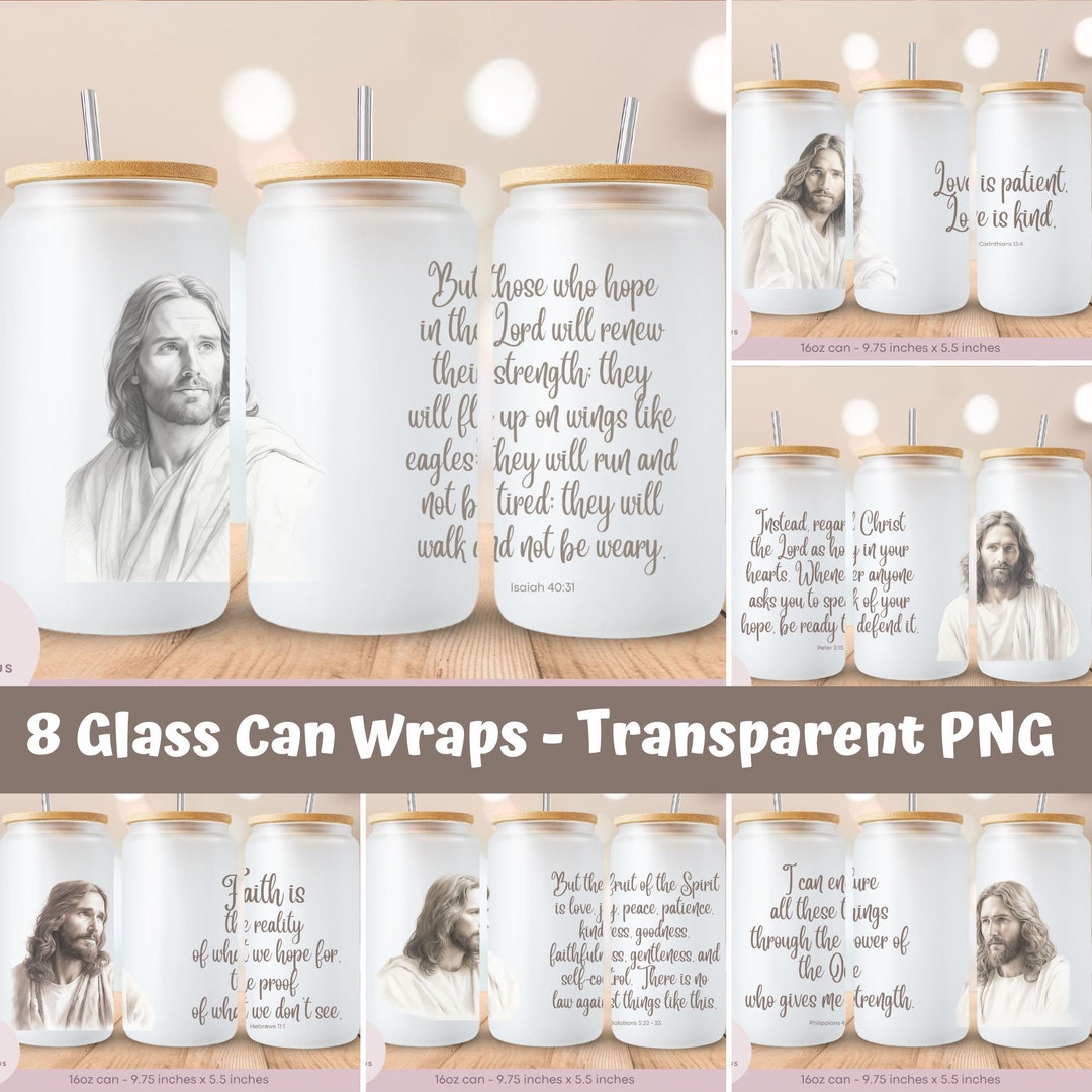 8x Jesus Bible Verse - Pencil Drawing Style - Frosted Glass Libbey Can ...