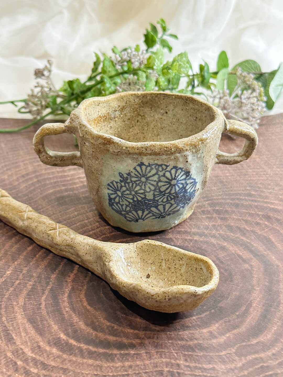 Double Handled Small Ceramic Cup and Spoon Set, Sweet White and Blue ...
