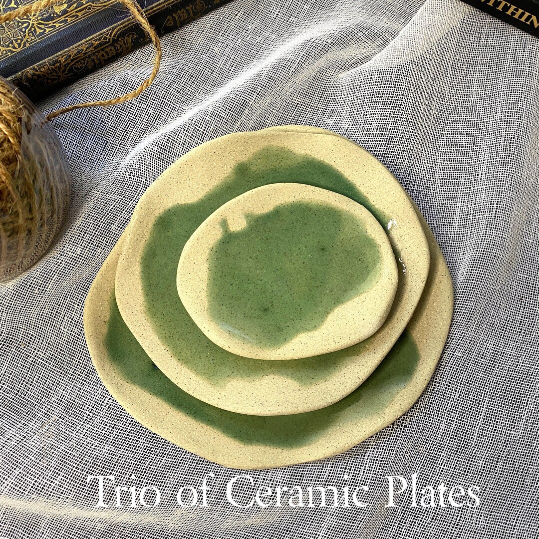 Handmade Ceramic Plate Trio: Green Glazed Nesting Set - Etsy