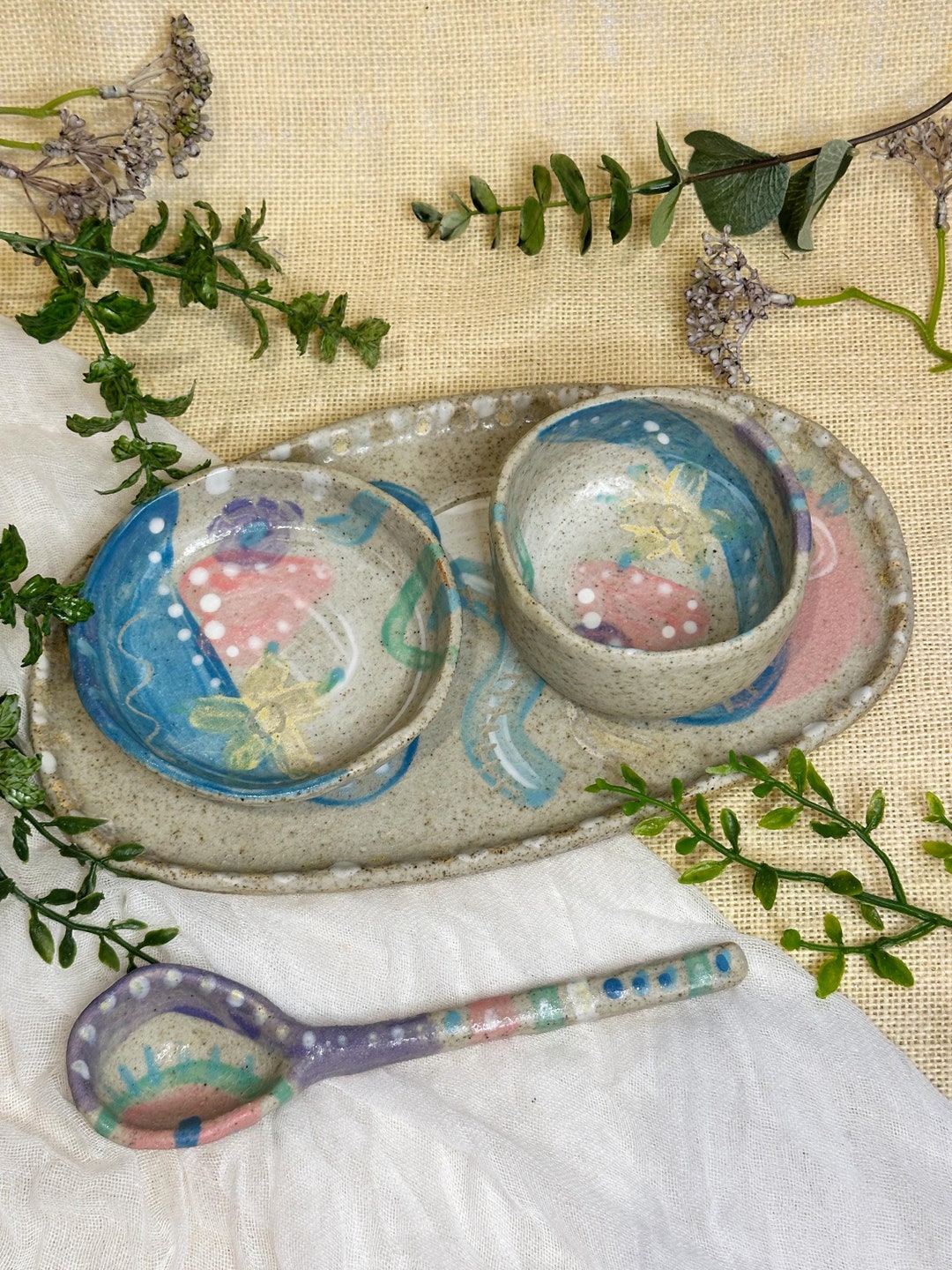 Handmade Ceramic Dish Set: Bohemian Tapas Plates With Spoon - Etsy