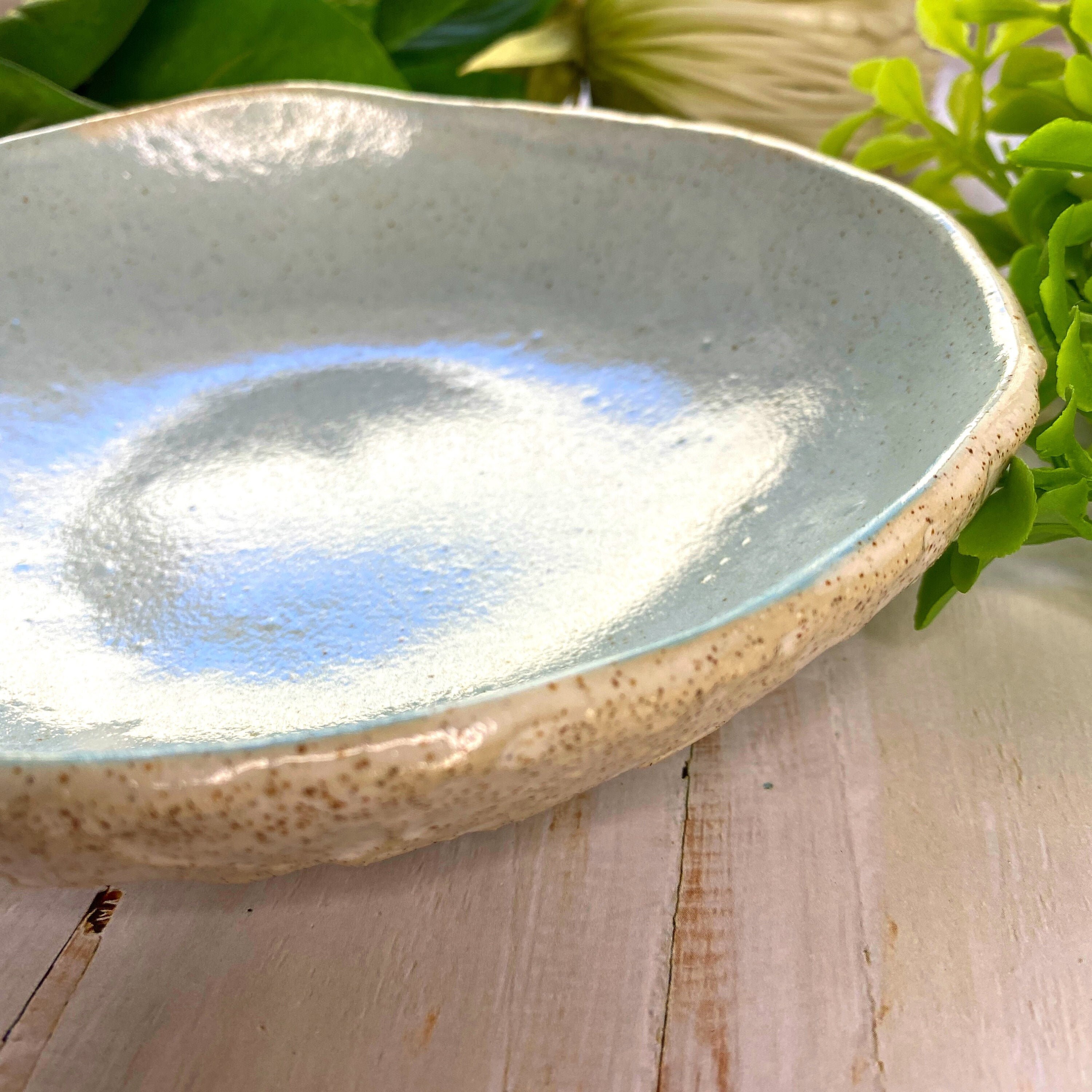 Hamptons style Ceramic 19cm pale blue beach inspired dish with stamped ...