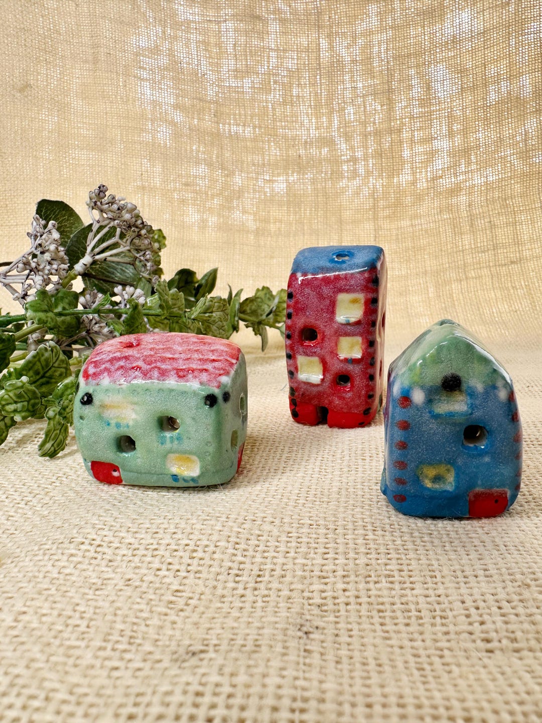 Ceramic Houses 3 Pce Small Clay Cottages, Red Blue Green Tiny Handmade ...