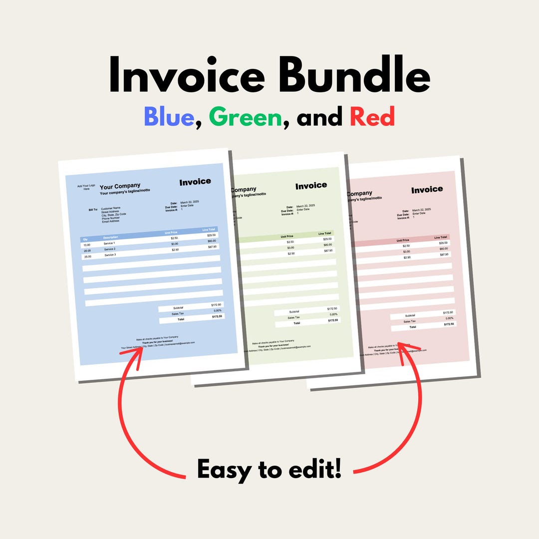 Three Invoice Template Bundle - Editable Invoice Templates for Excel ...