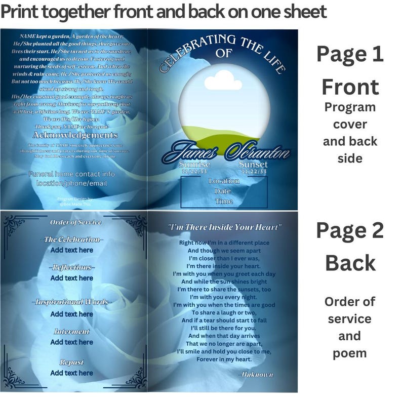 Blue Obituary Template 8.5 X 14 Easy Edit With Canva - Etsy