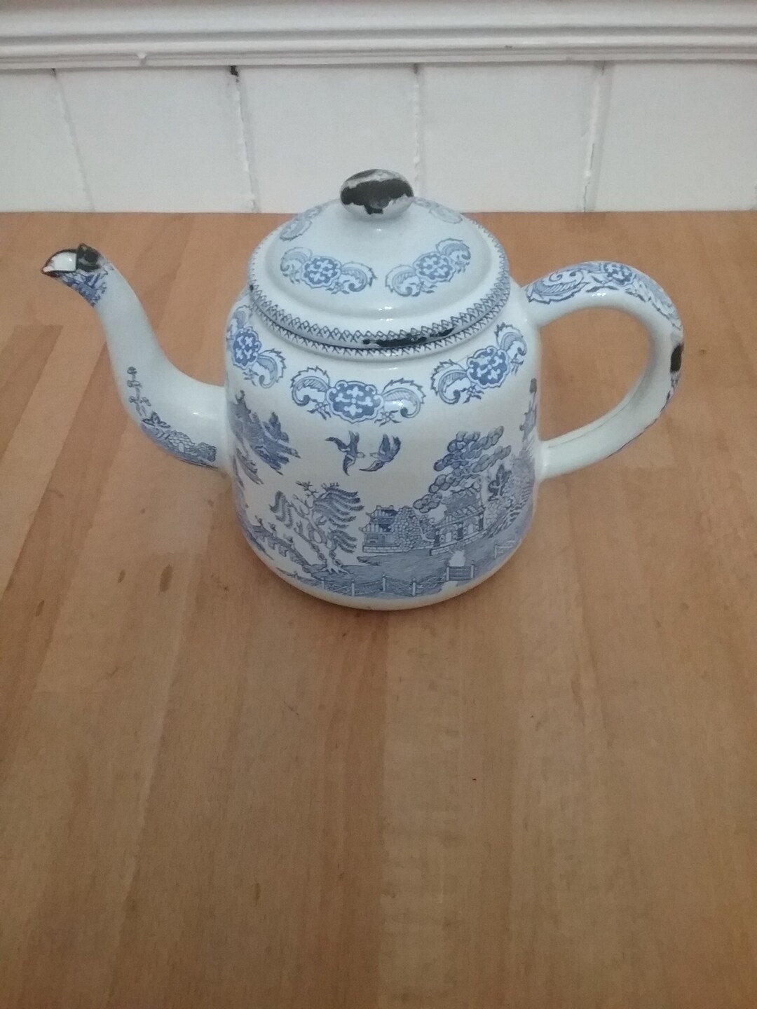 Antique Blue Willow Enamel Teapot, Vintage Enamelware, Tea Kettle ...