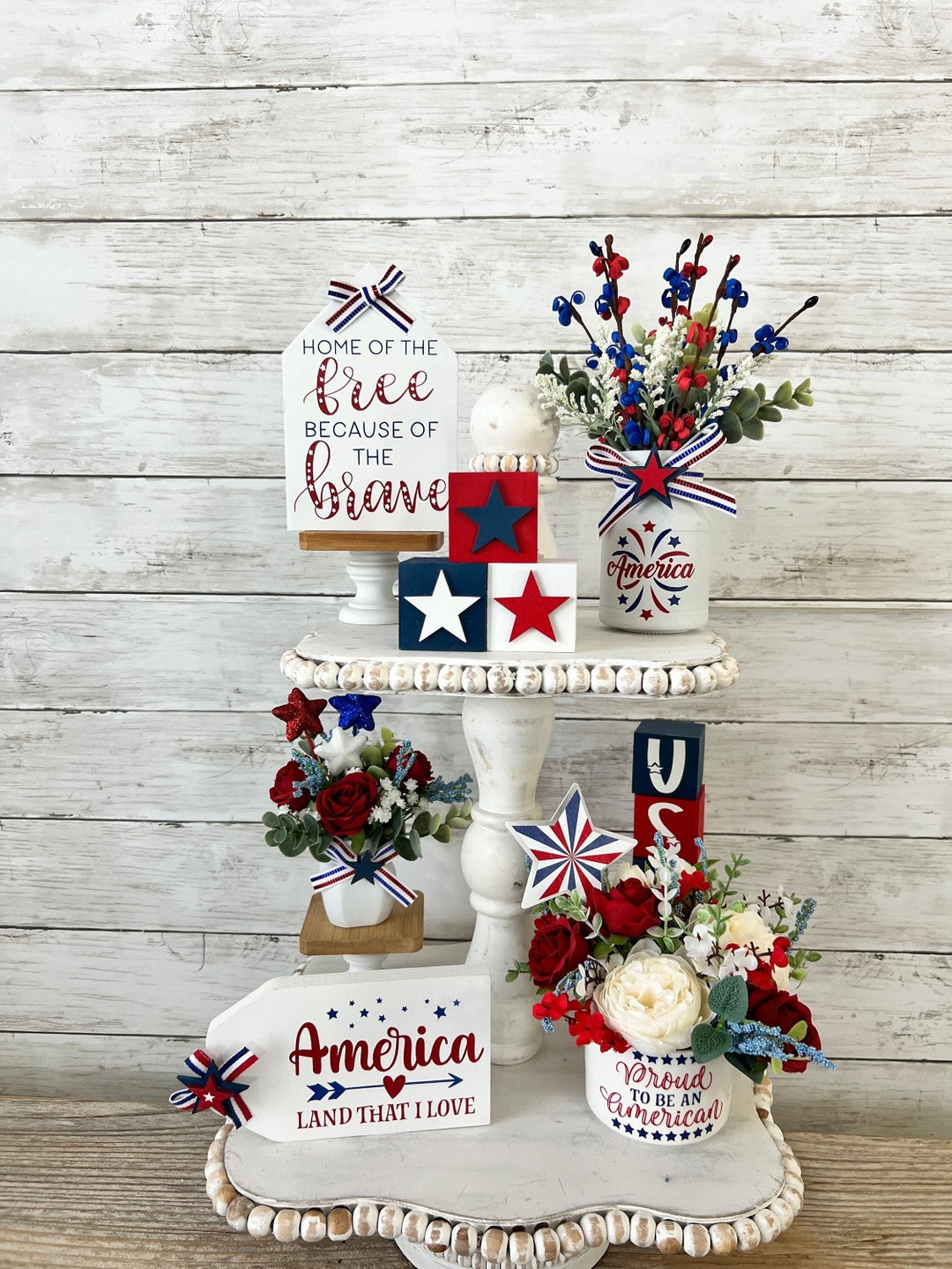 Patriotic Tiered Tray Decor, Fourth of July Tray, Patriotic Florals ...