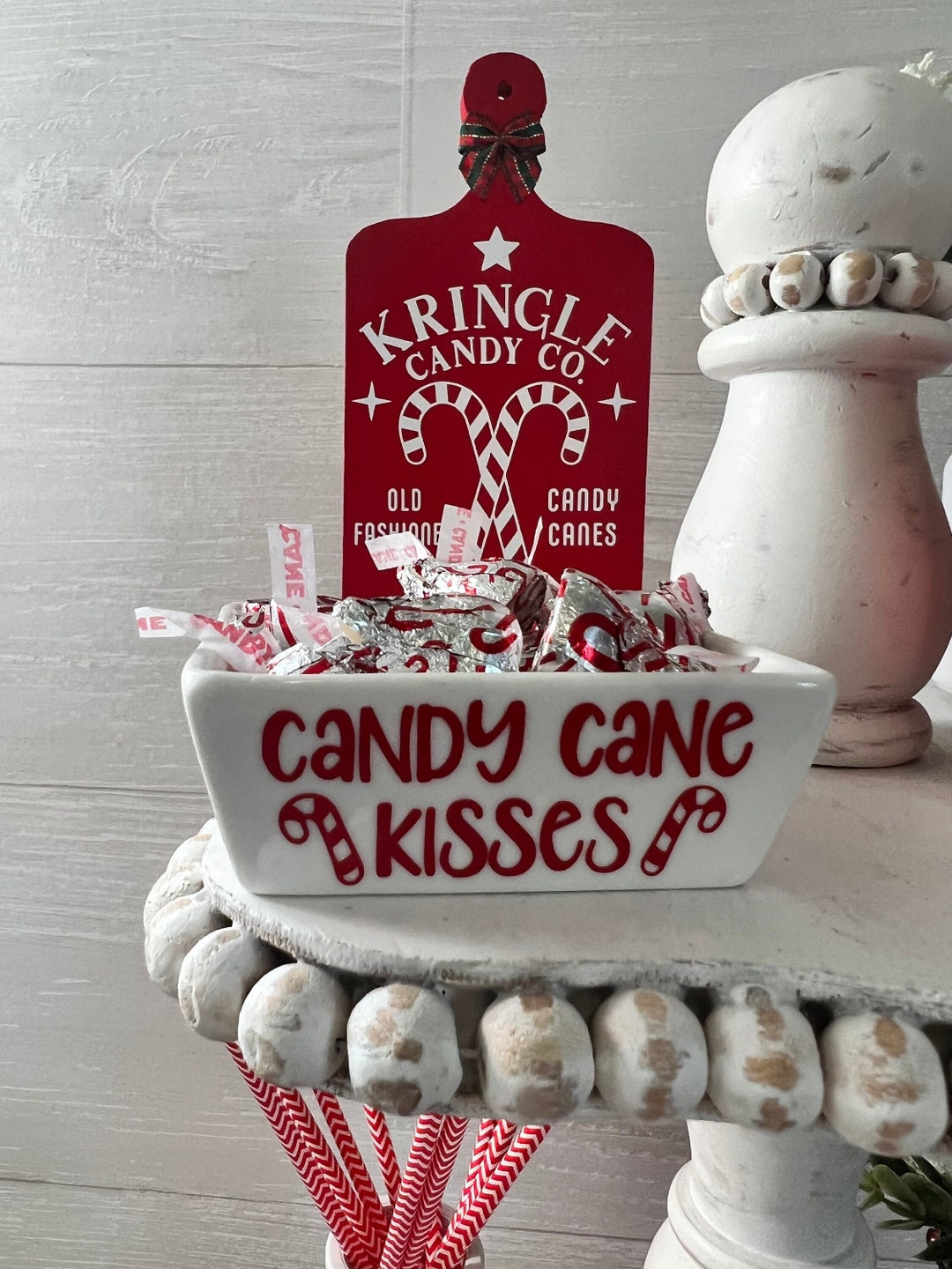 Christmas Tiered Tray, Candy Cane Tiered Tray Decor, Candy Cane Kisses ...