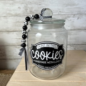 Personalized Glass Cookie Canister With Lid and Wood Bead Garland ...