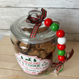 Personalized Glass Christmas Cookie Jar W/ Lid & Wood Bead Garland ...