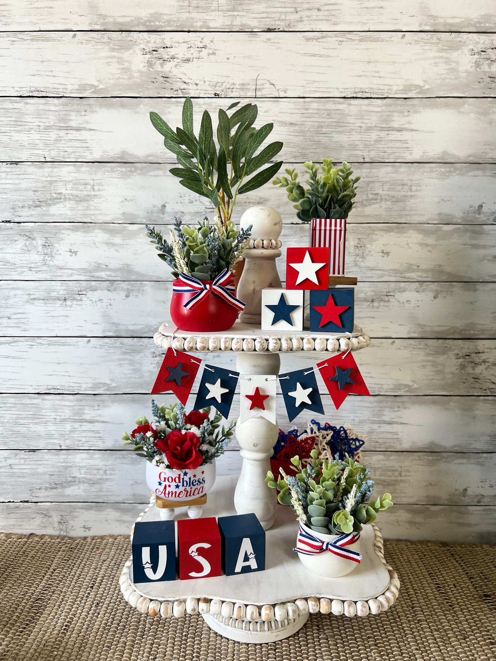 Patriotic Tiered Tray Decor, Patriotic Star Blocks, Patriotic Home ...