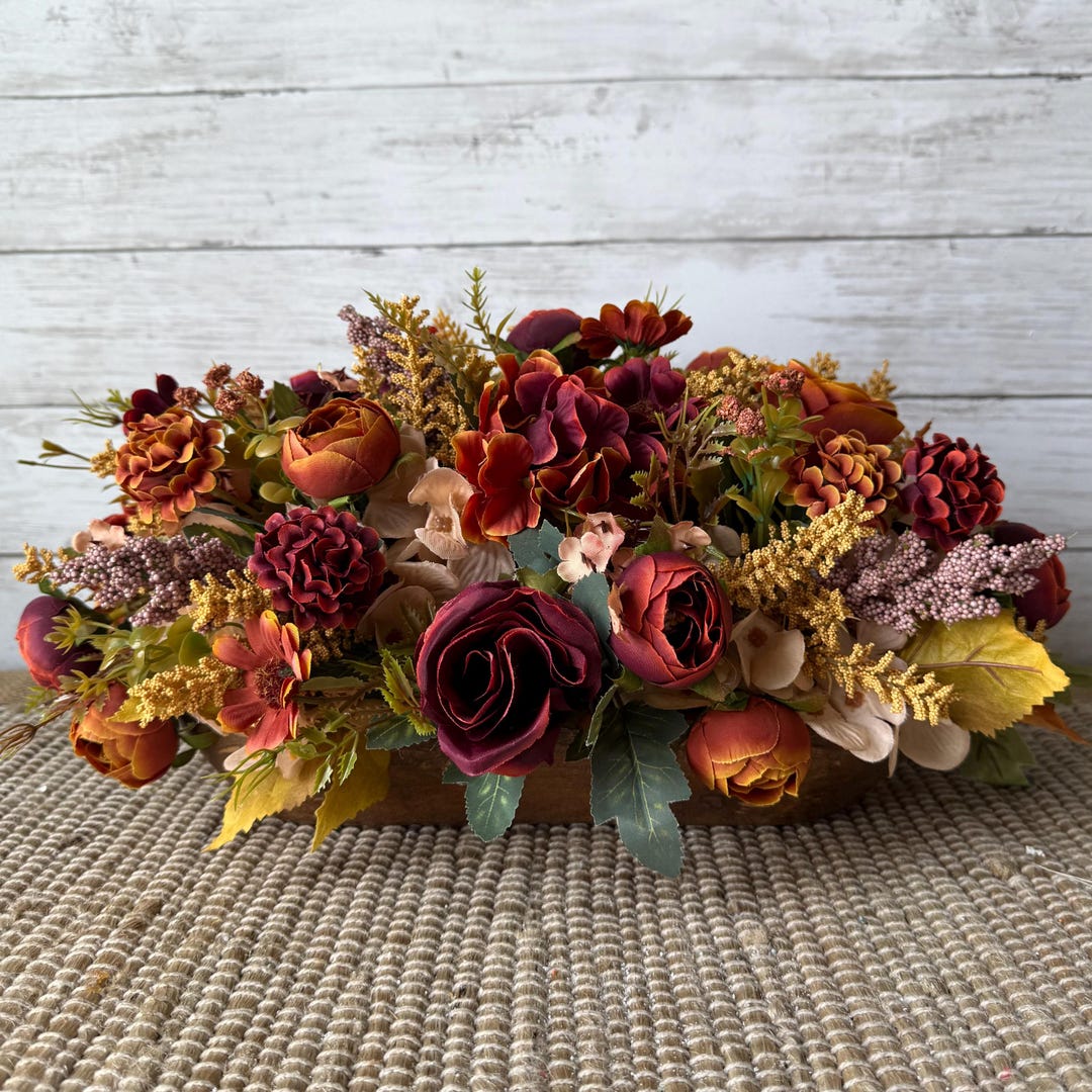 Fall Floral Table Centerpiece, Wood Dough Bowl Fall Floral Arrangement ...