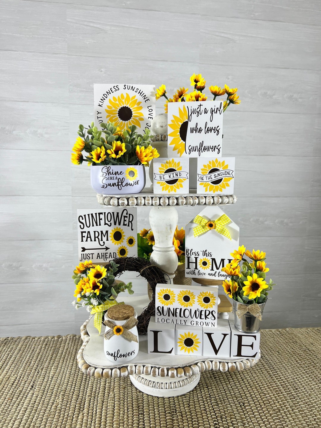 Sunflower Tiered Tray Decor, Summer Tiered Tray Decor, Sunflower Tiered ...