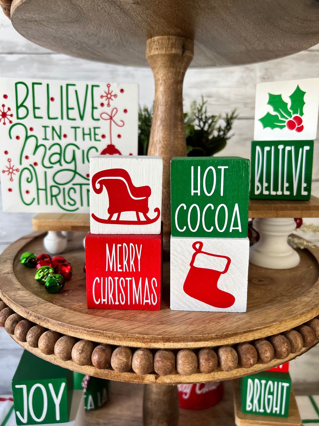 Christmas Tiered Tray Decor, Christmas Stacking Blocks, Christmas Home ...