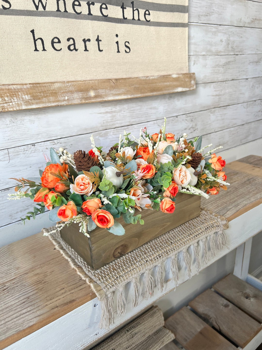 Fall Floral Table Centerpiece, Rustic Wood Planter With Fall Flowers ...