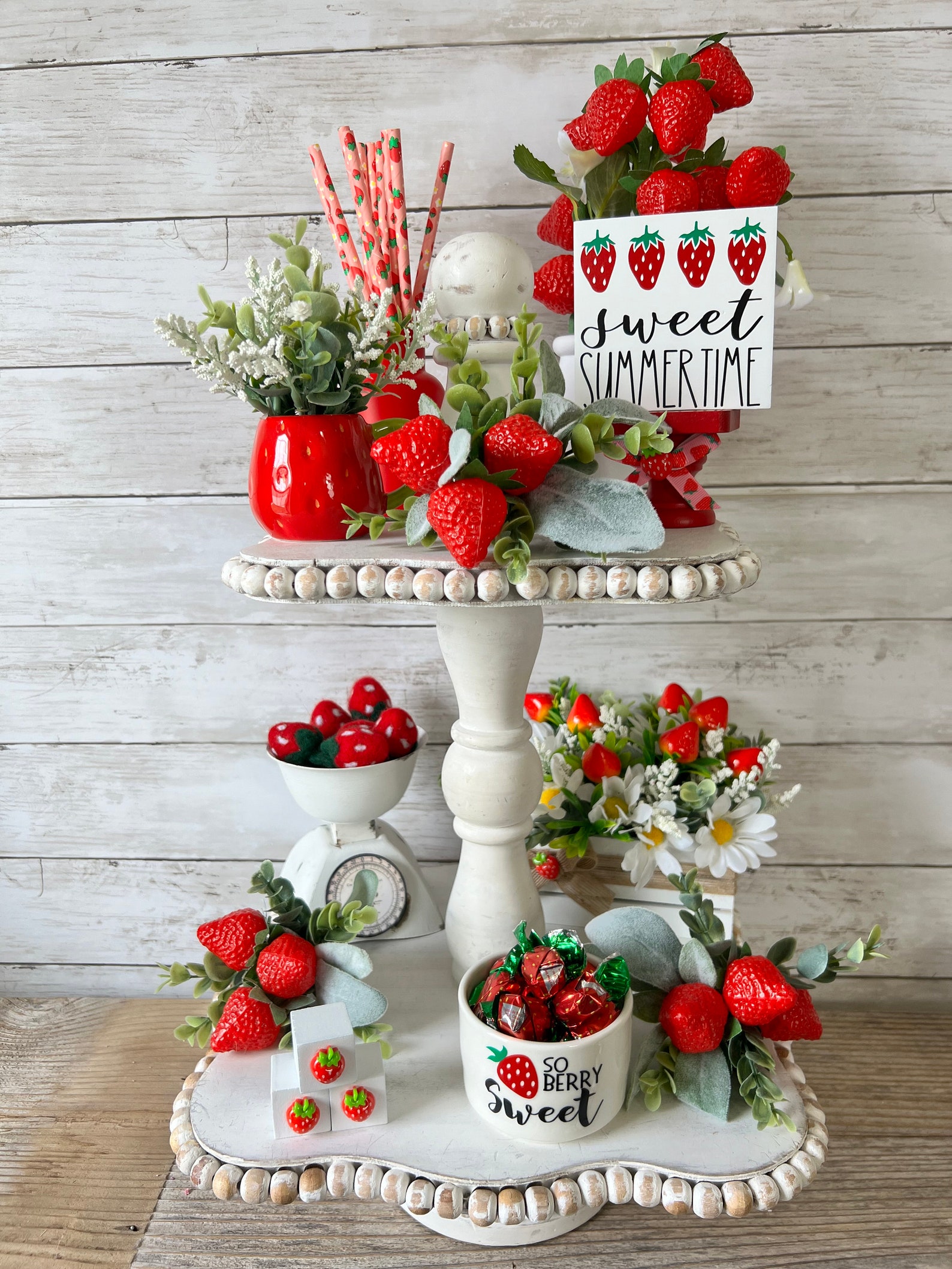 Strawberry Tiered Tray Decor, Mini Strawberry Floral Bundles, Tiered ...