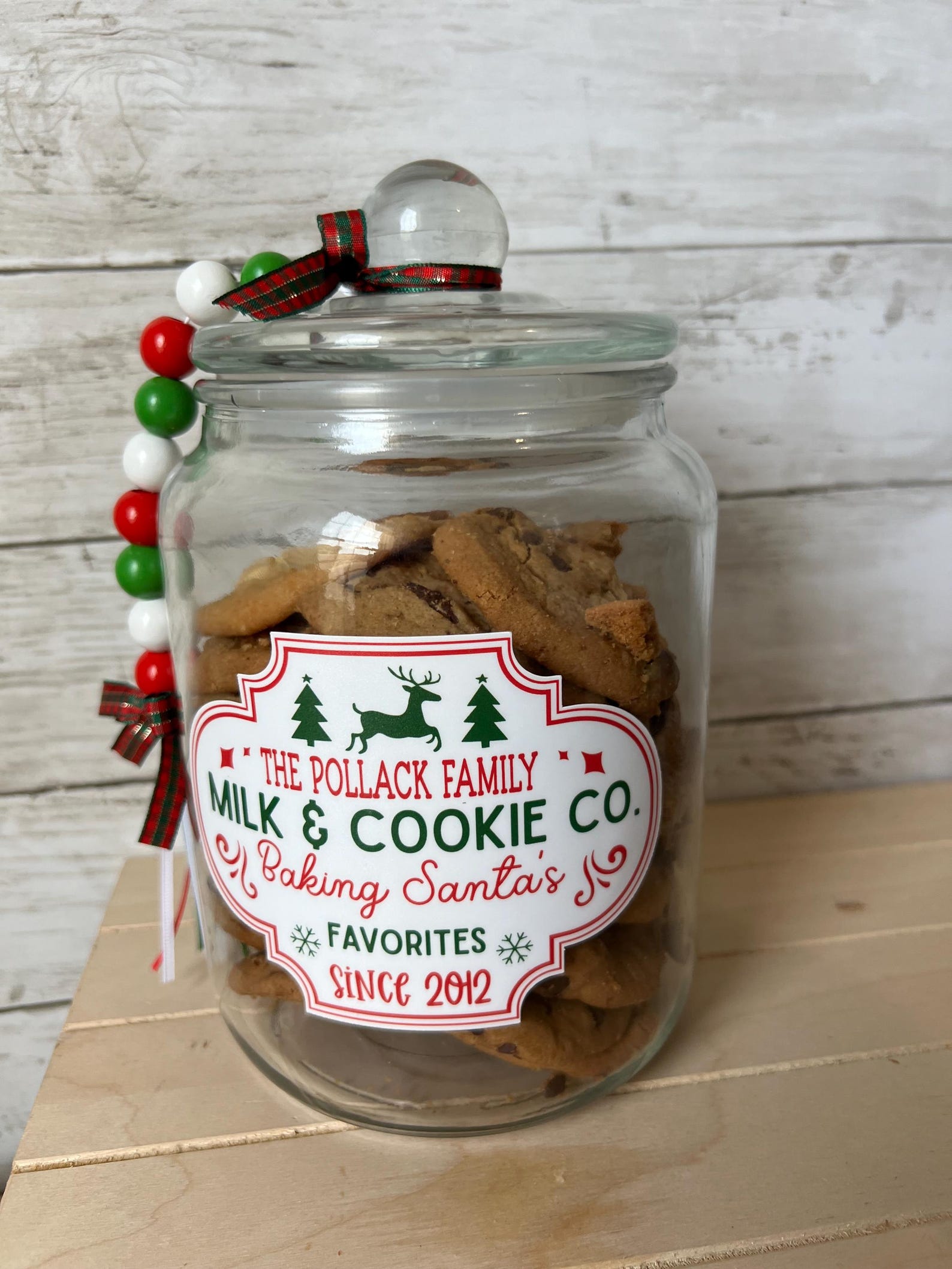 Personalized Glass Christmas Cookie Jar W/ Lid & Wood Bead Garland ...