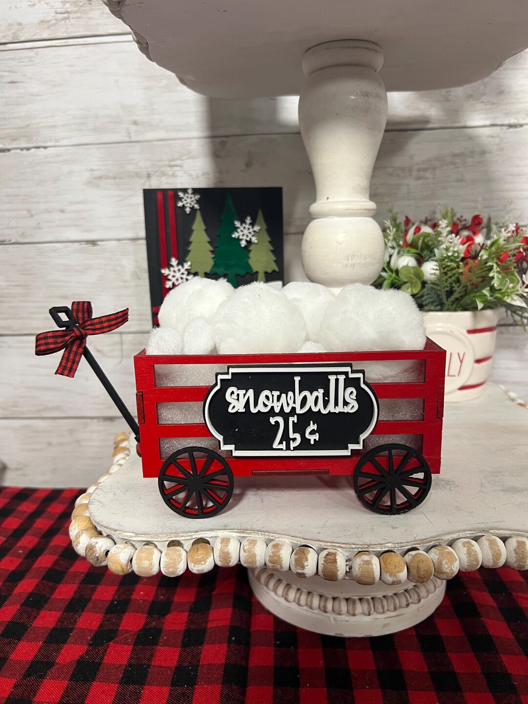 Christmas Tiered Tray Decor, Snowballs for Sale, Wood Wagon of ...