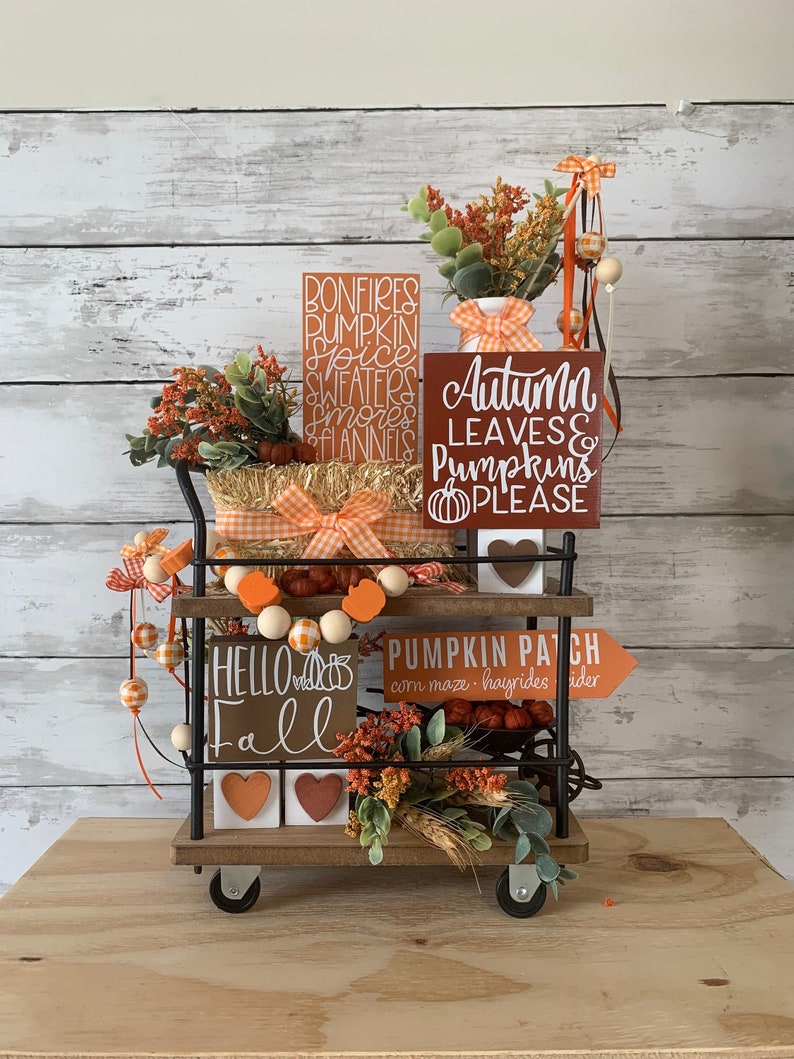 Mini Bar Cart Decor, Fall Decor, Fall Tiered Tray Decor, Mini Wood ...