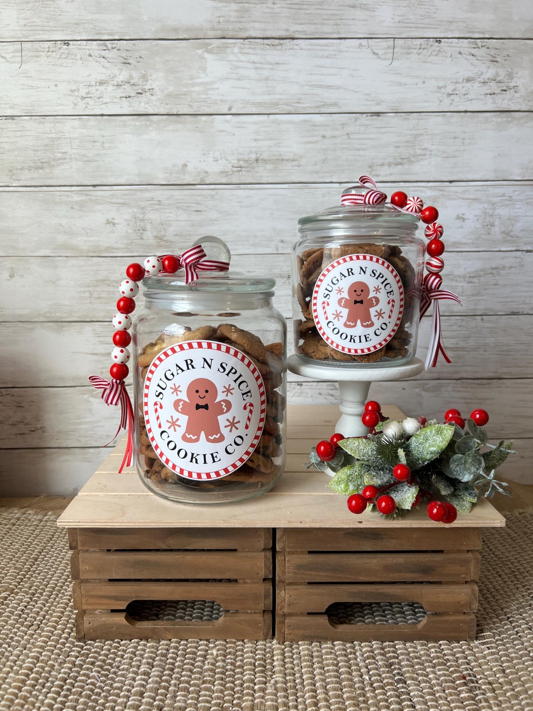 Glass Gingerbread Christmas Cookie Jar With Lid and Wood Bead Garland ...