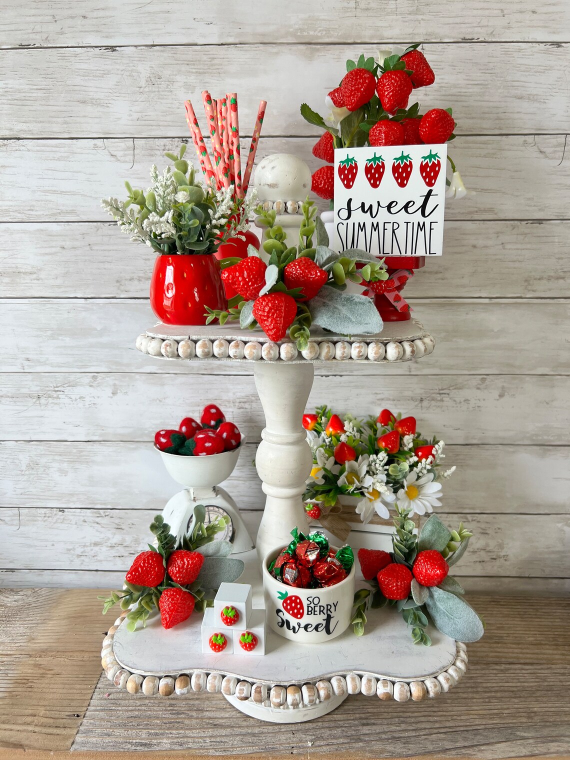 Strawberry Tiered Tray Decor, Mini Strawberry Floral Bundles, Tiered ...