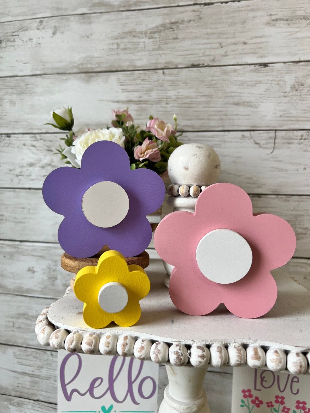 Wood Flowers, Spring Tiered Tray Decor, Spring Home Decor, Spring Wood ...