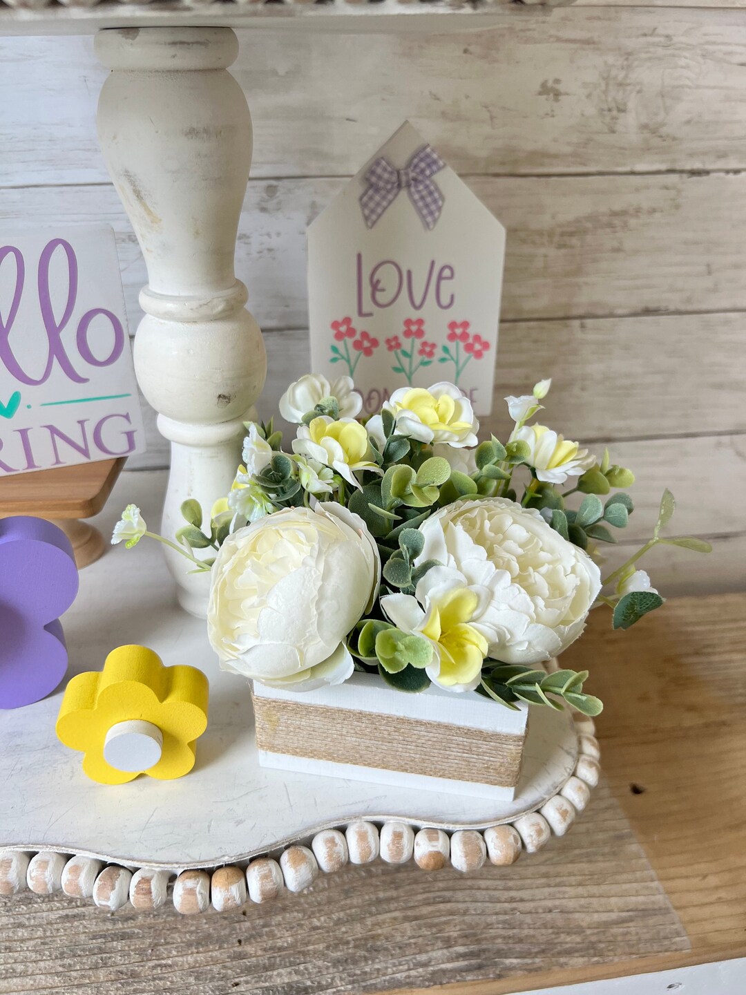 Spring Tiered Tray Mini Floral Arrangement, Mini Wood Peony Flower Box ...