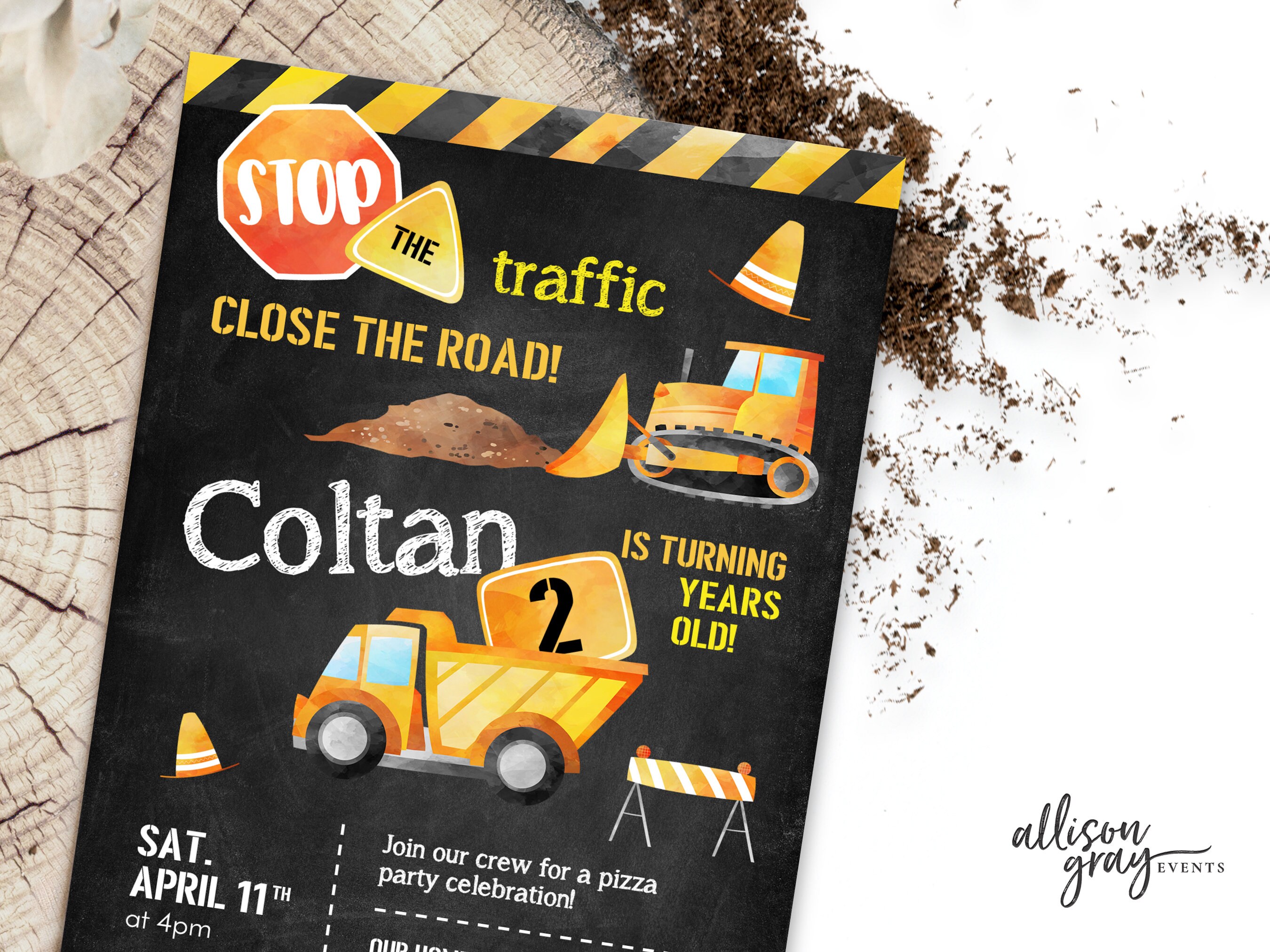 Construction Digger Party Invitation Boy Any Age Birthday Invite ...