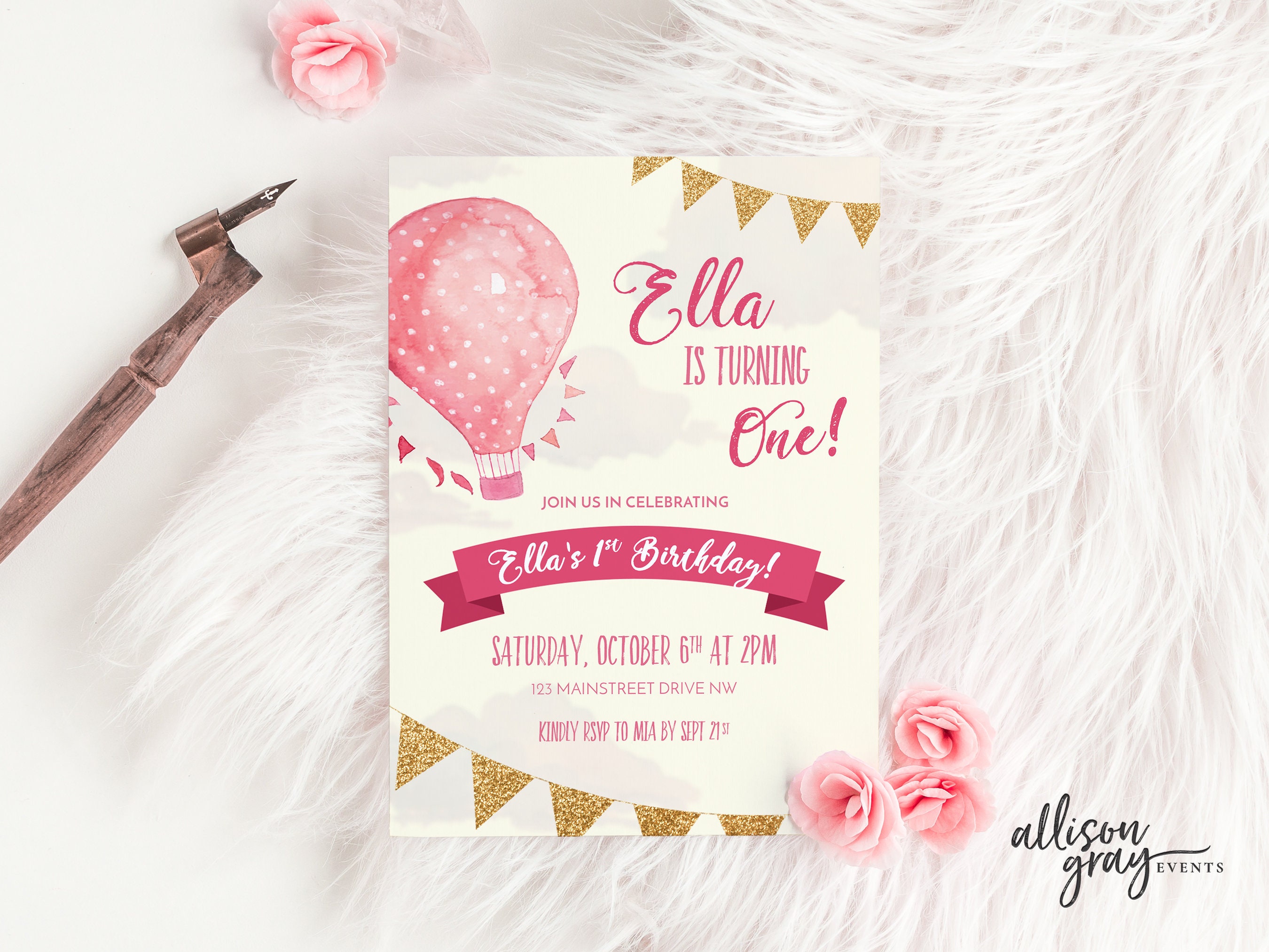 Hot Air Balloon Party Invitation Girl Pink Any Age Birthday Invite ...