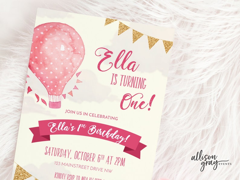 Hot Air Balloon Party Invitation Girl Pink Any Age Birthday Invite ...