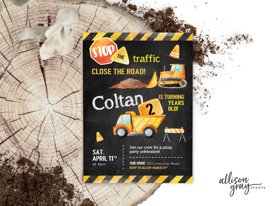 Construction Digger Party Invitation Boy Any Age Birthday Invite ...