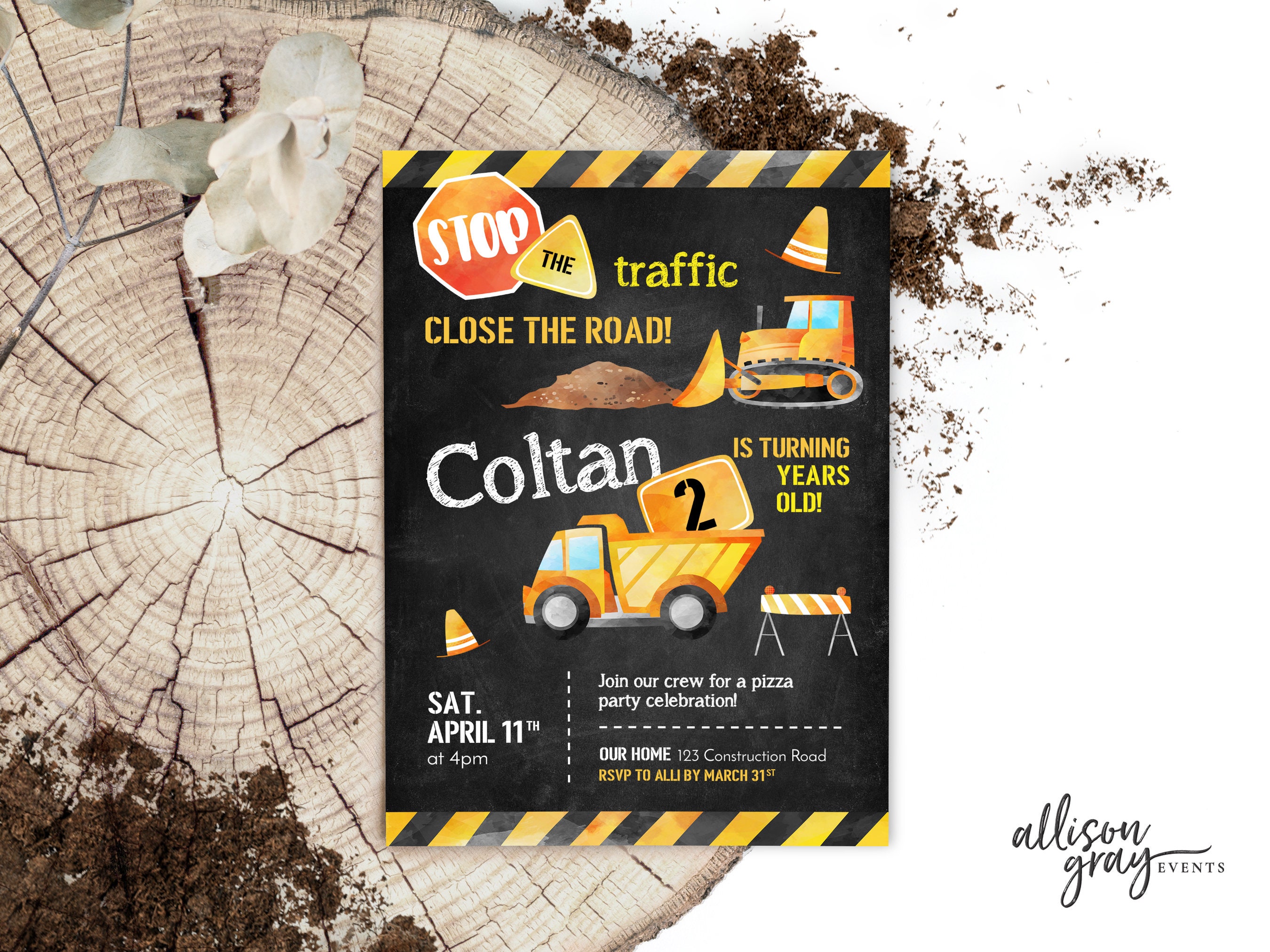 Construction Digger Party Invitation Boy Any Age Birthday Invite ...