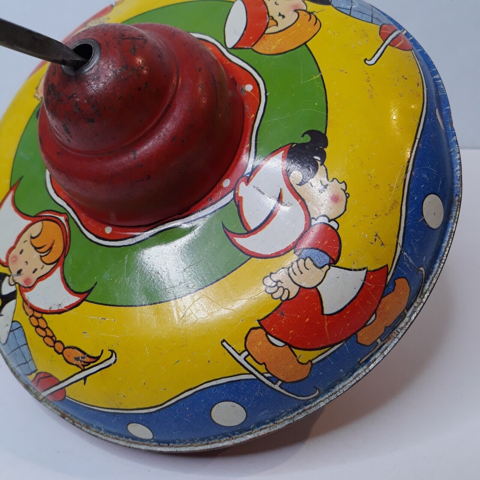 Pump Tin Spinning Top Toy Dutch Boy & Girl Skaters Lithograph C1950s ...