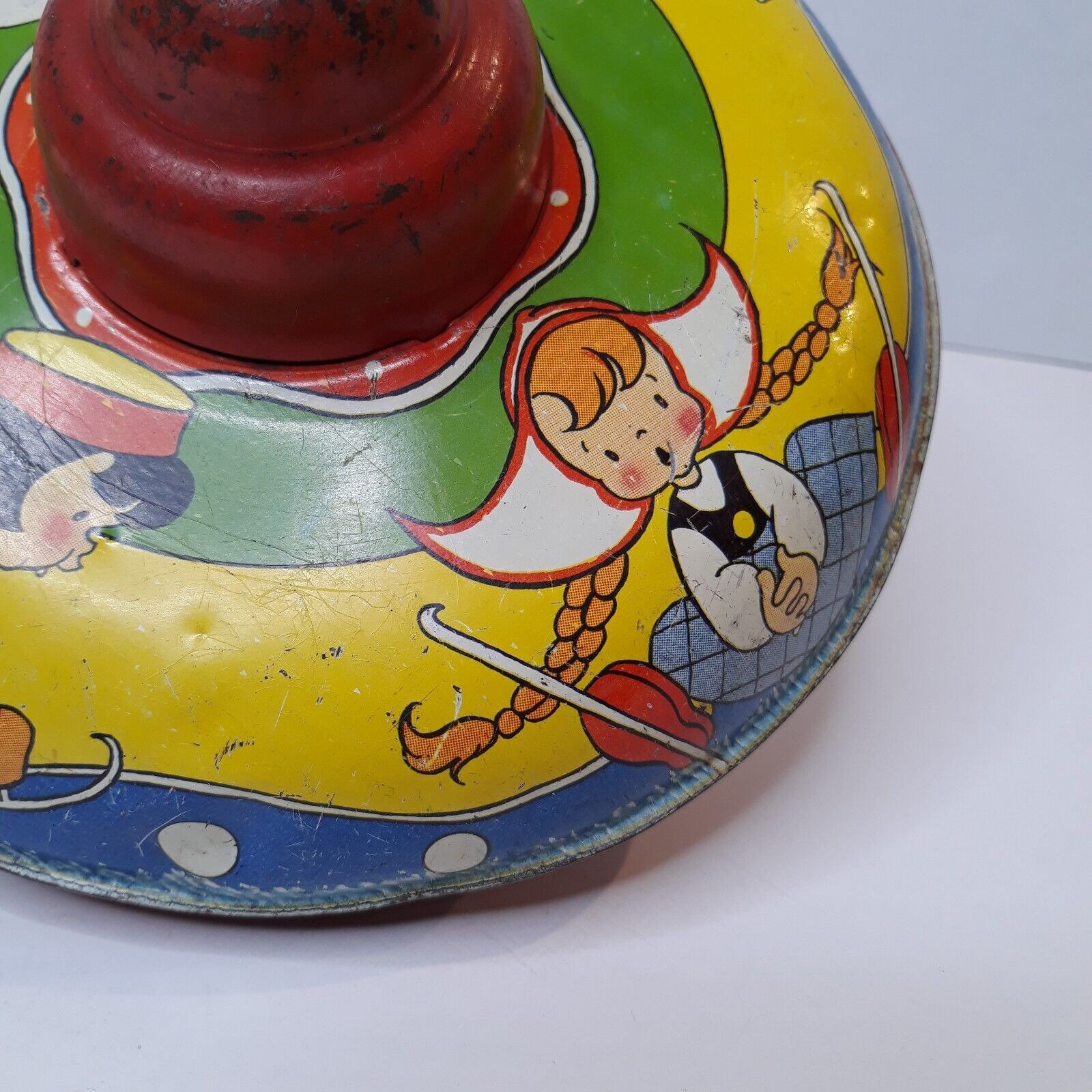Pump Tin Spinning Top Toy Dutch Boy & Girl Skaters Lithograph C1950s ...