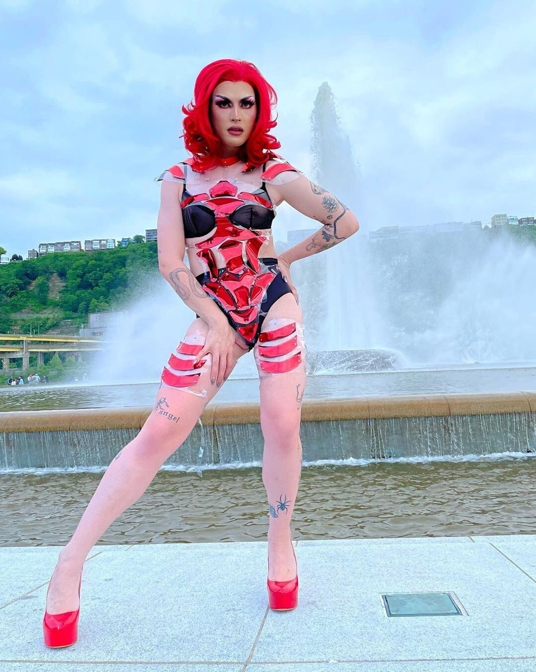 Red Party Costume for Drag Queen Outfit, Glitter Festival Set Bodysuit ...