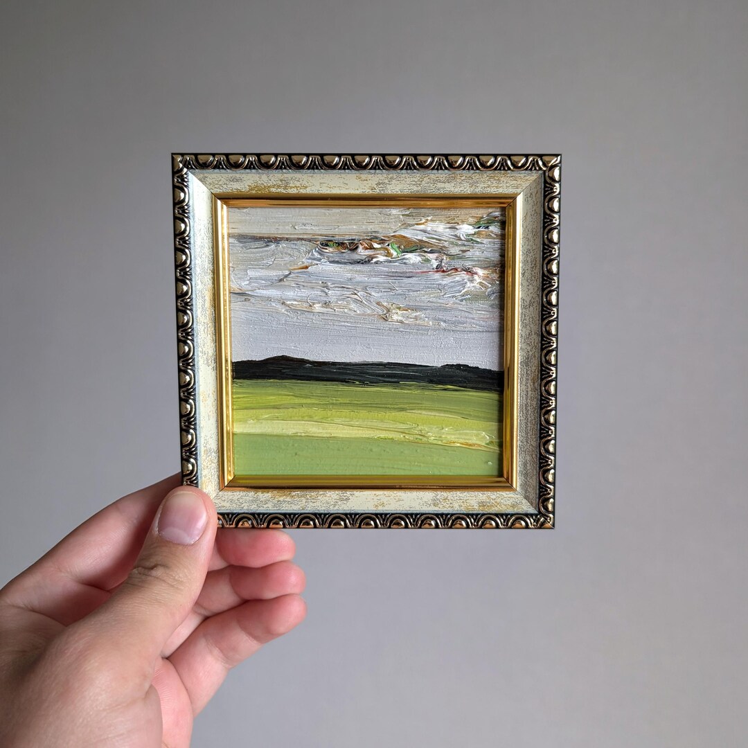 Miniature Landscape Painting: 4x4 Gray Oil Painting, Framed Tiny Wall ...