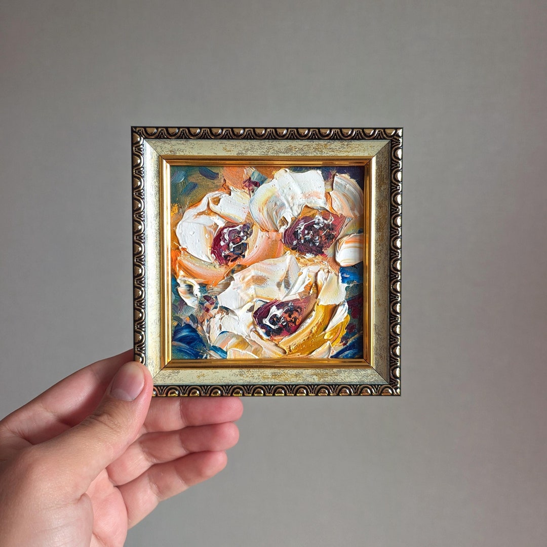 Small Flowers Oil Painting 4x4 Framed Art Orange Bright Flower Artwork ...