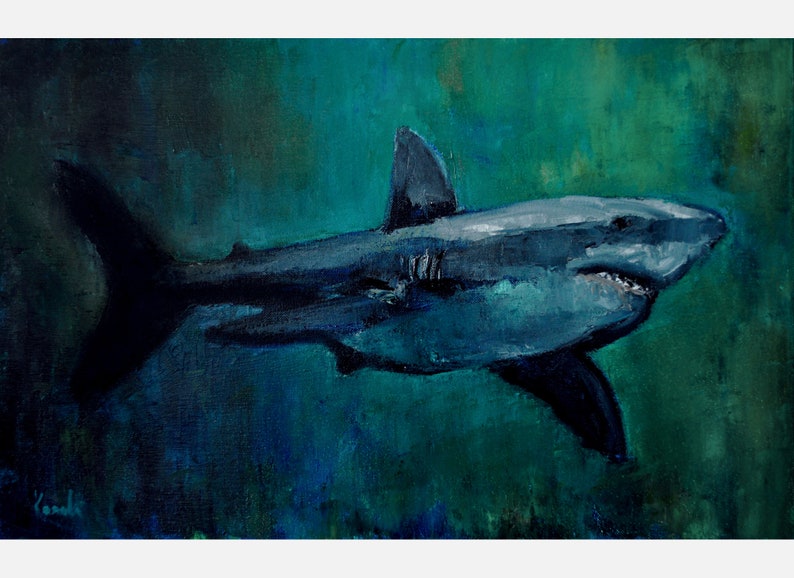 Shark Painting on Canvas Original Artwork in Dark Colors White | Etsy